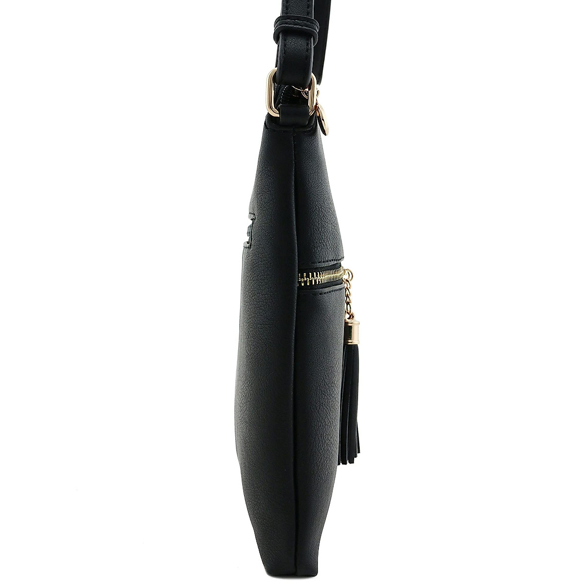 FashionPuzzle Tassel Zip Pocket PU Leather Crossbody Bag (Black)