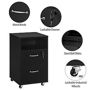 Yaheetech File Cabinet, Under Desk Vertical Cabinet with 2 Drawers and Open Compartment, Printer Stand with Lockable Wheels for A4 Letter Size Hangable File Folders for Home Office(Black)