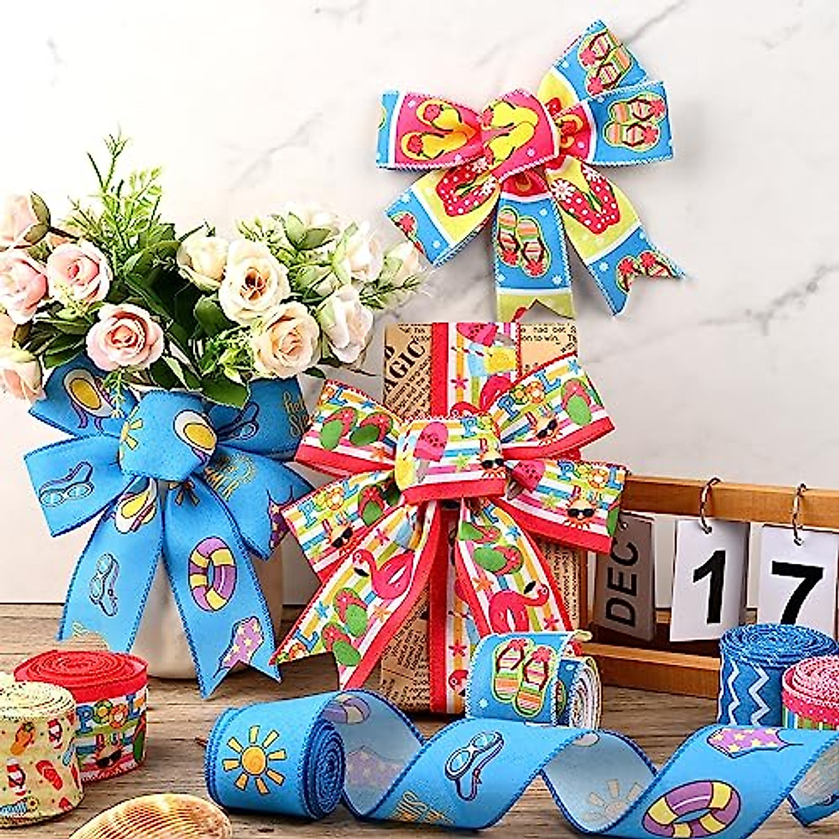 6 Rolls 30 Yards Summer Wired Ribbon Flip Flop Waves Polka Dot Stripe Fabric Decorative Ribbon Summer Themed Burlap Ribbons for Summer Wreath Bow DIY Craft