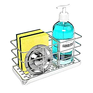 HJLIKE Sponge Holder for Sink,Stainless Steel Kitchen Sink Organizer Soap Dispenser Caddy Dish ,Sink Tray Drainer Rack Countertop Or Wall-Stick with Keep Dry, White