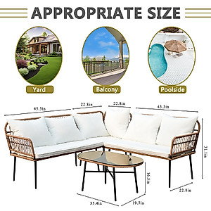 Homsido 4 Pieces Patio Sectional Furniture Chairs Set Boho Water-Resistant Outdoor Indoor Wicker Sectional Sofa Beige Woven PE Rattan Conversation Chat Set with Rect Side Table(White Cushions)