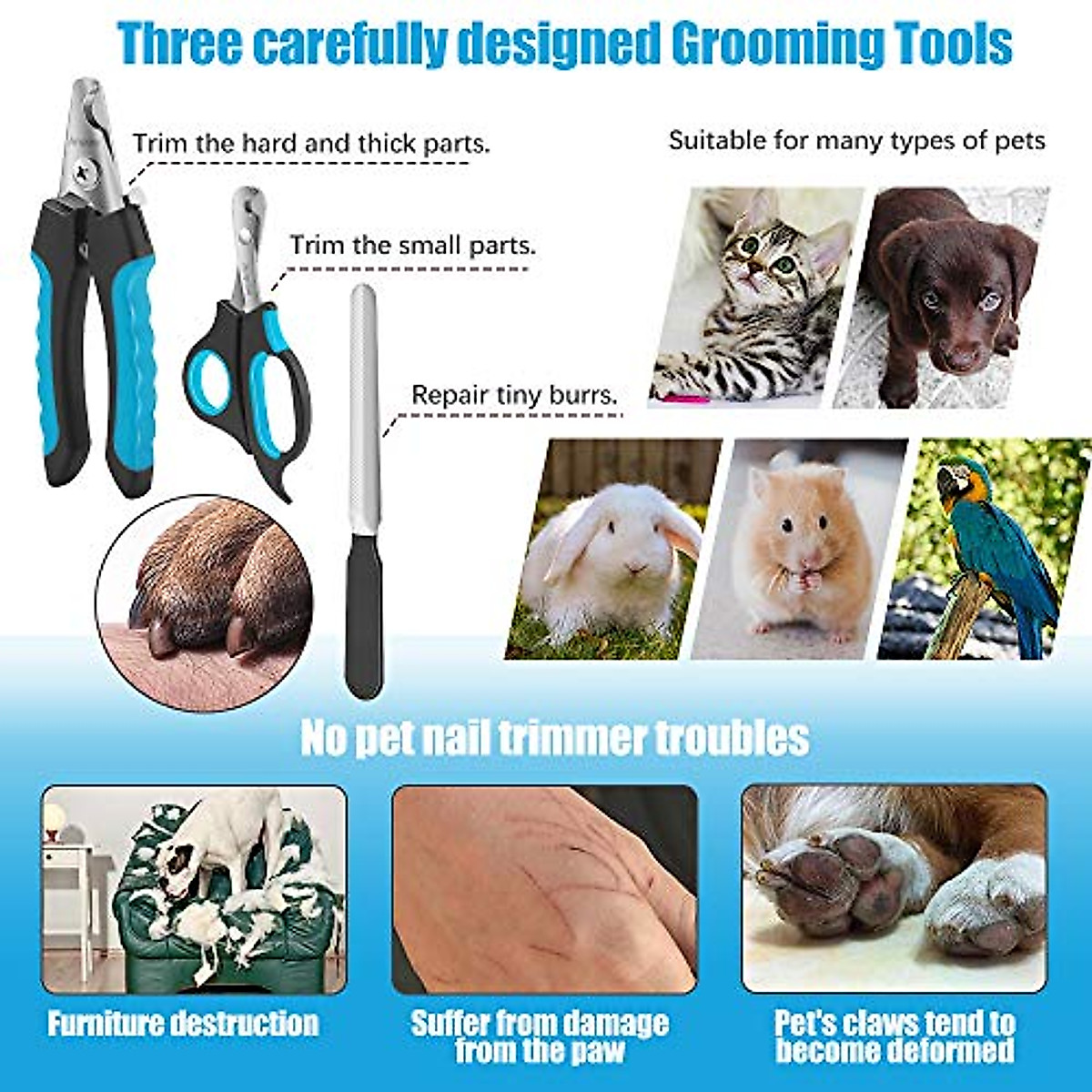 Dog Nail Clippers and Trimmer Set, Anipaw Stainless Steel Non Slip Handles & Razor Sharp Blades, Safety Guard to Avoid Over-Cutting, Grooming Tool for All Small Large Pets, Free Nail File