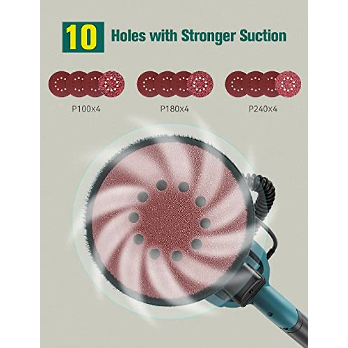 WAABENN Drywall Sander,900-1800rpm Electric drywall sander with vacuum,Foldable Retractable Wall Sander,LED Light,5 Adjustable Speeds12pcs Sandpaper