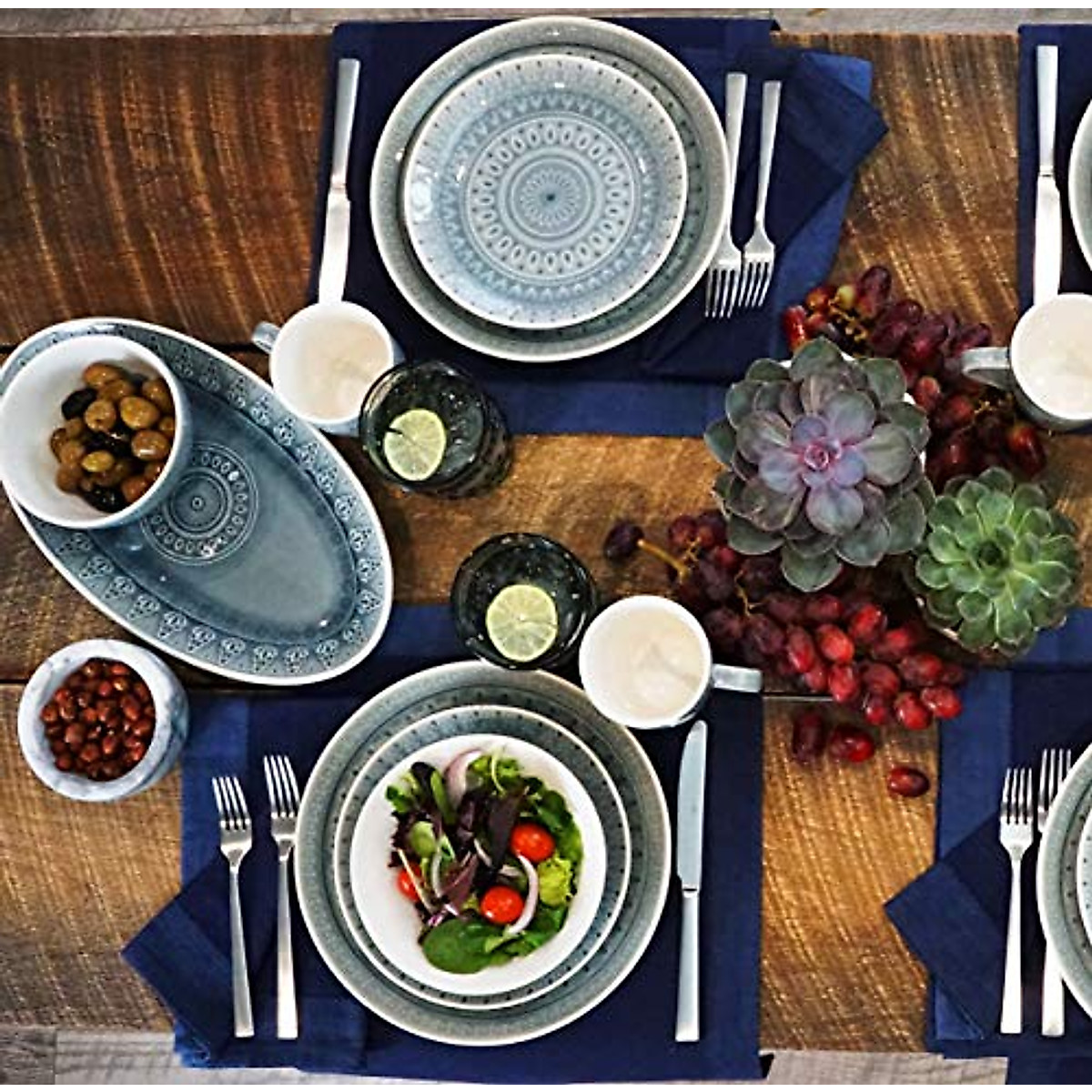 Euro Ceramica Fez Serving Platter, 14" Oval, Teardrop Mandala Design, Grey