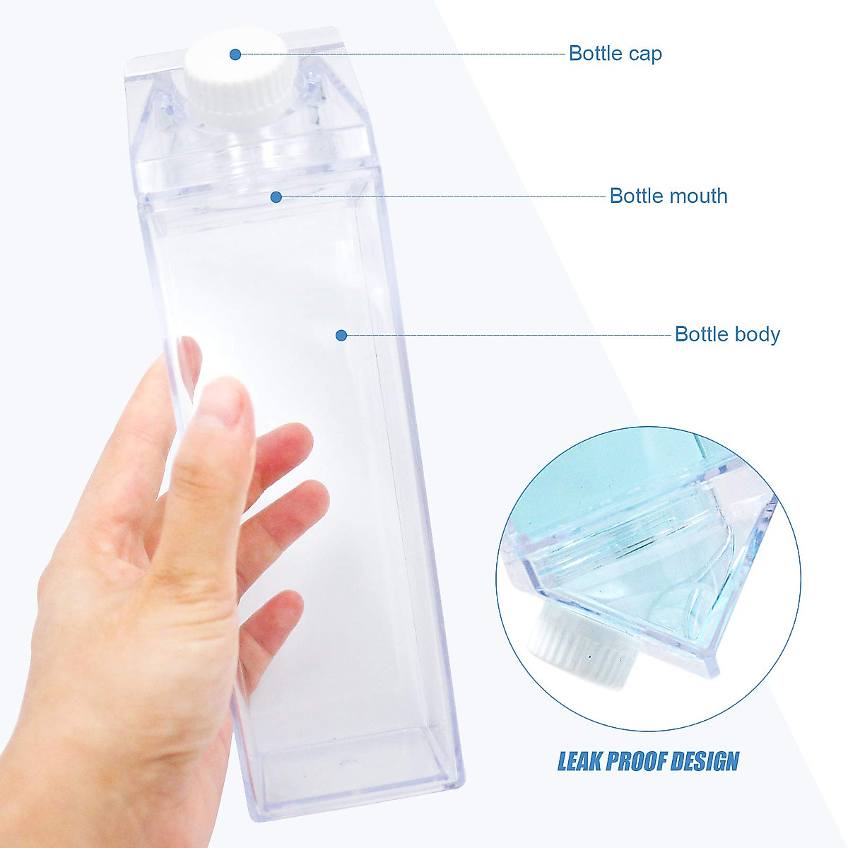 Bac-kitchen 2 Pack 17oz Milk Carton Water Bottle - Clear Square Milk Bottles BPA Free Portable Water Bottle with Straw and Bottle Brush for Outdoor Sports Travel Camping Activities