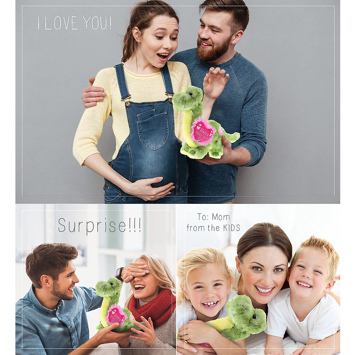 DolliBu Happy Mother's Day Super Soft Plush Green Dinosaur Doll Figure - Cute Stuffed Animal with Pink Heart Message for Best Mommy, Grandma, Wife, Daughter - 10" Inches