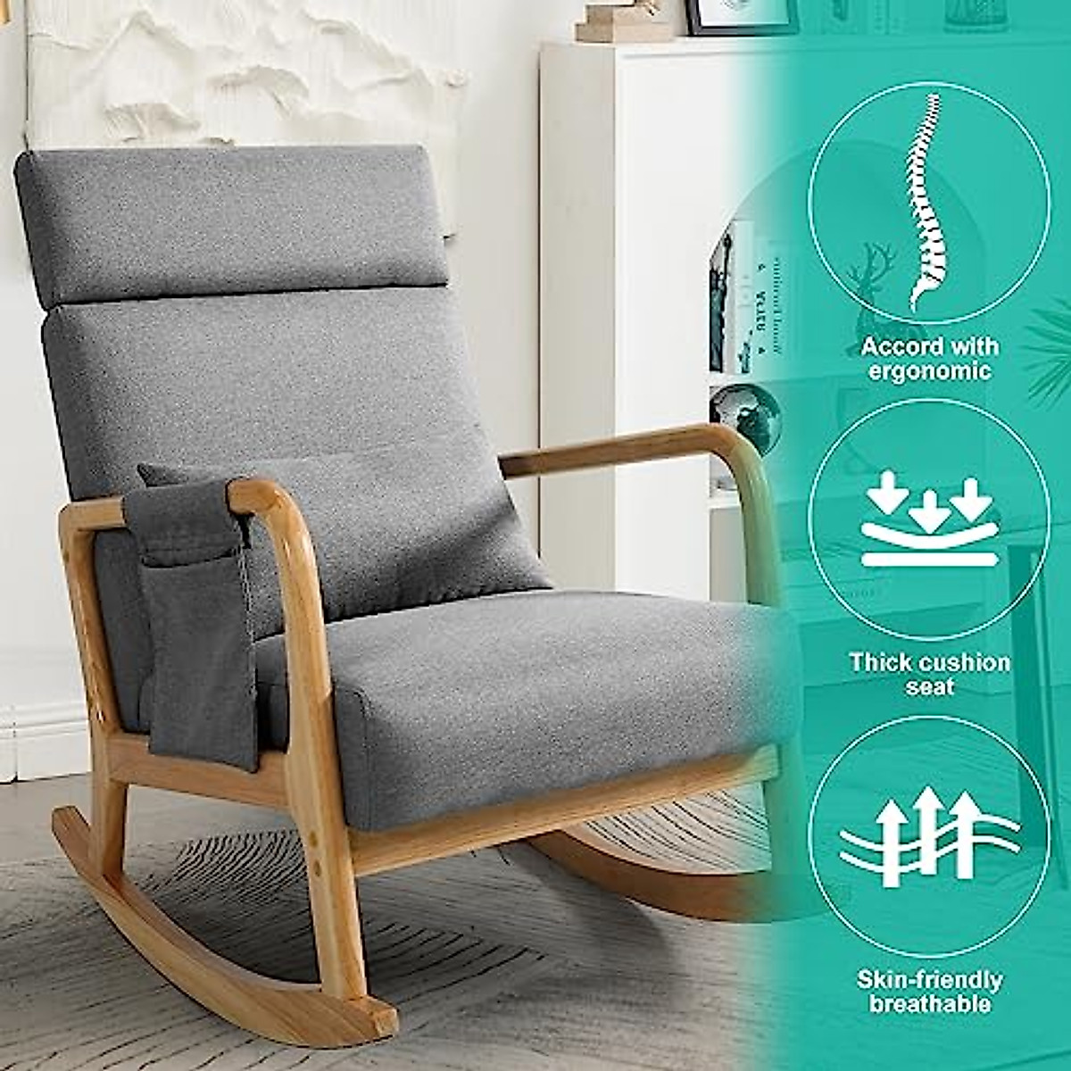 YuuYee Patio Rocking Chair Outdoor/Indoor, Wooden Glider Rocker Chair with Lumbar Pillow, Modern Upholstered Comfy Accent Living Room Chairs for Adults, Head/Neck Supporting, Side Pocket (Grey)