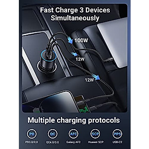 UGREEN 130W USB C Car Charger, PD 100W +PD 30W Type C Car Charger Adapter, Fast Charging Car Charger Compatible with Cell Phones, iPad, MacBook, and More (Comes with 100W USB C to USB C Cable)