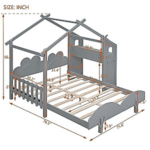 Aiuyesuo Twin Size Platform Bed with Windmill Roof and Flower Decor Headboard, Solid Wood Platform Bed Frame with Desk and 2 Handles, Fairytale-Like House Bed for Kids Teens Adults (Gray-TT78)