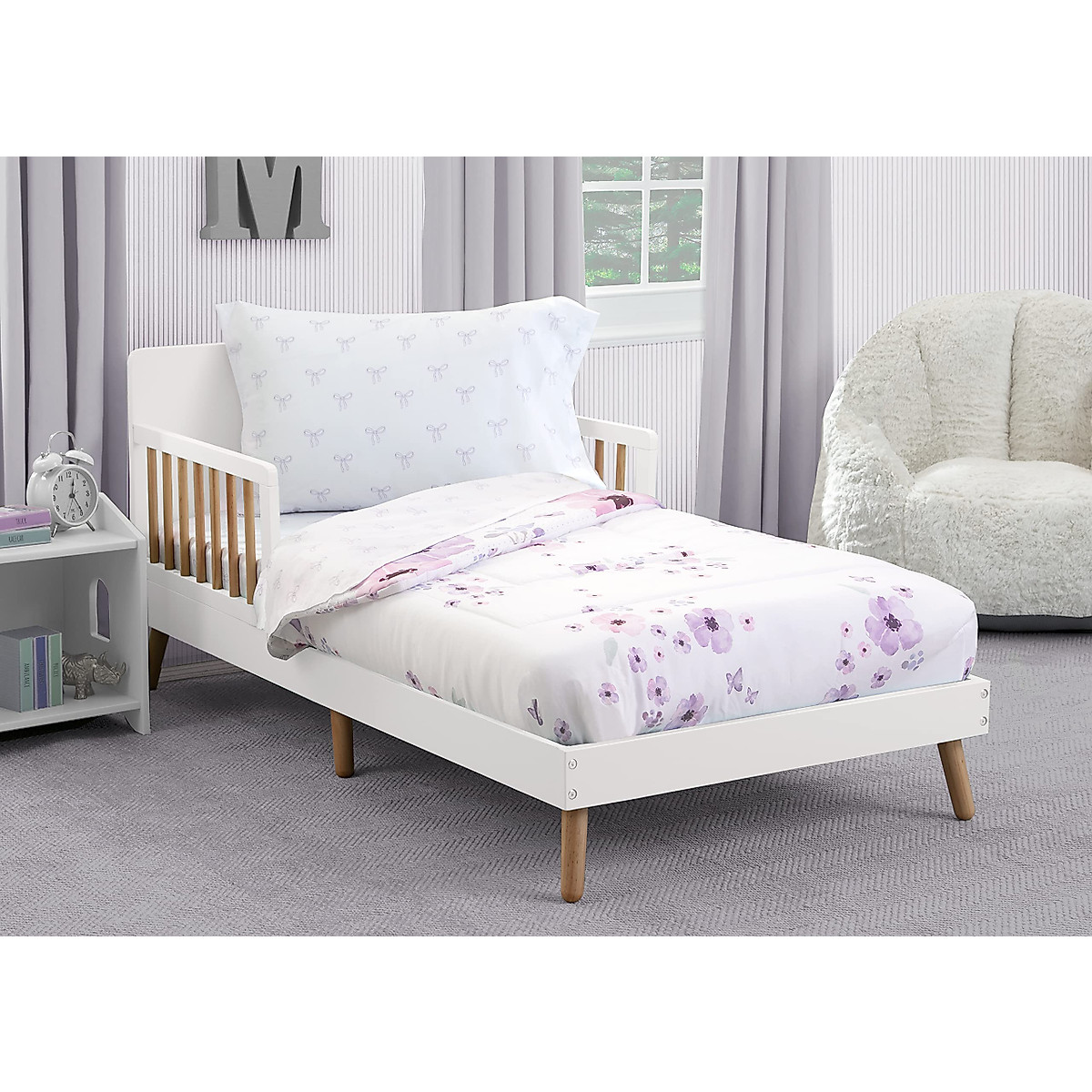 Delta Children 4 Piece Toddler Bedding Set for Girls - Reversible 2-in-1 Comforter - Includes Fitted Comforter to Keep Little Ones Snug, Bottom Sheet, Top Sheet, Pillow Case - Purple Bouquet