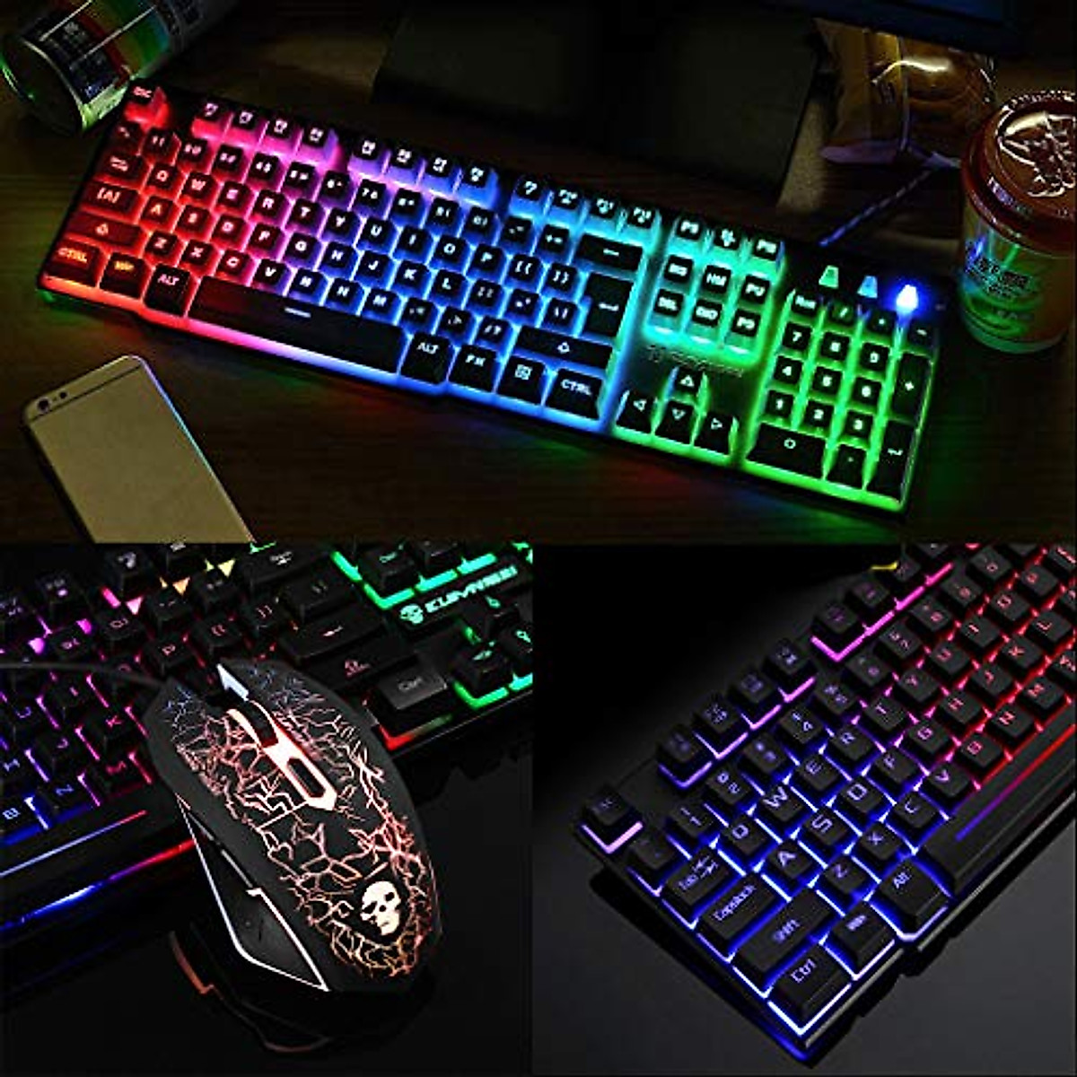 Sdoveb Gaming Keyboard Mouse and Mouse pad Combo, Rainbow LED Backlit Keyboard Mouse, for Windows XP, Vista 7/8/10, OSX Systems (Black)