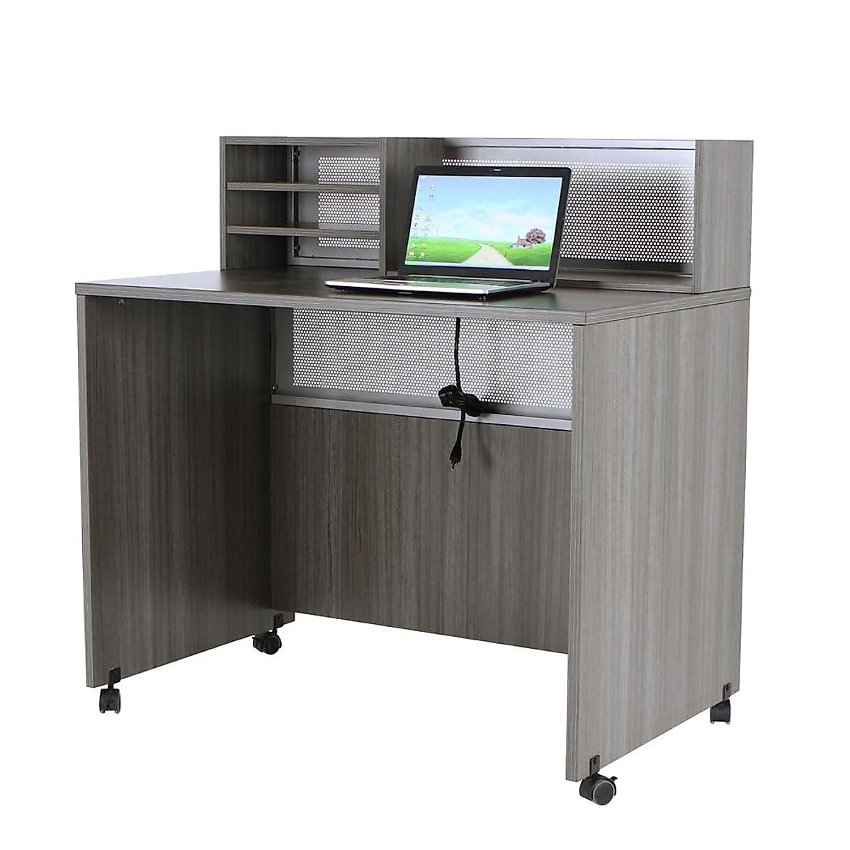 nbf signature series Modern Reception Desk - at Work Mobile Standing Height Checkout Counter Station - 48" W x 30" D Gray Laminate for Front Desk Use and Reception Counter