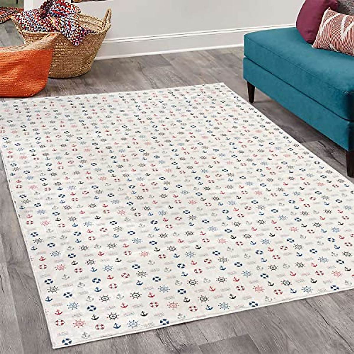 Ambesonne Nautical Decorative Area Rug, Marine Elements Featured Life Anchor Compass Sea Waves Theme, Quality Carpet for Bedroom Dorm Living Room, 4' X 5' 5", Blue and Red