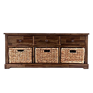 SEI Furniture Jayton Natural Water Hyacinth Storage Bench 3 Woven Baskets w/Antique Brown Finish, Coastal Style