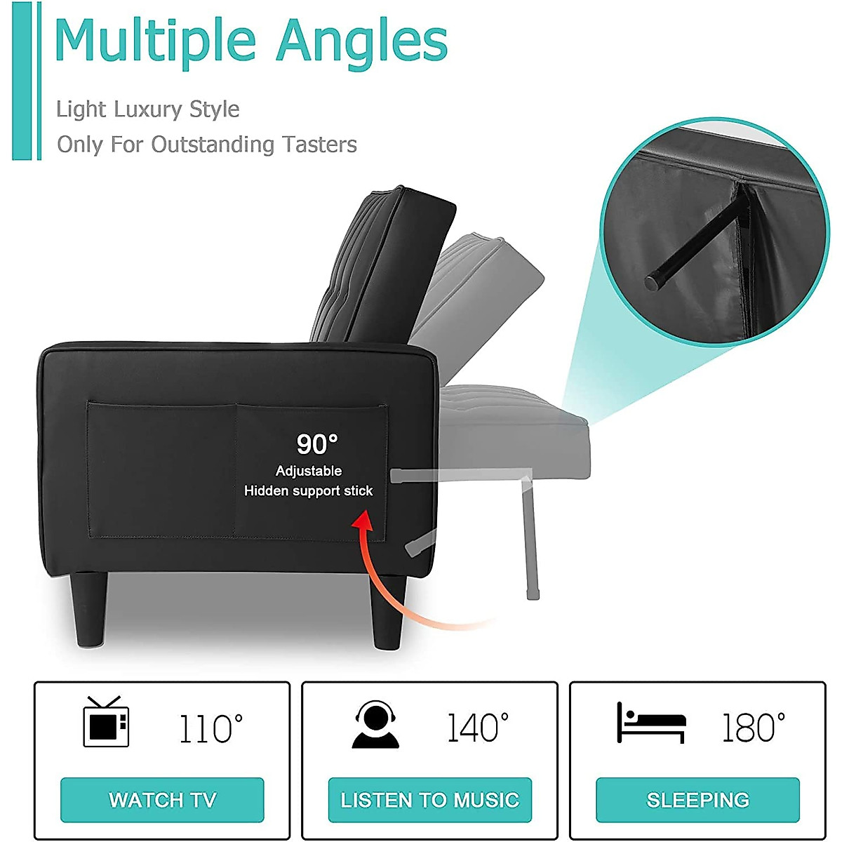 OQQOEE Futon Sofa Bed Modern Faux Leather Upholstered Convertible Folding Lounge Couch- Loveseat Sofa Sleeper with Adjustable Backrest and Side Pockets for Compact Living Space (Black)