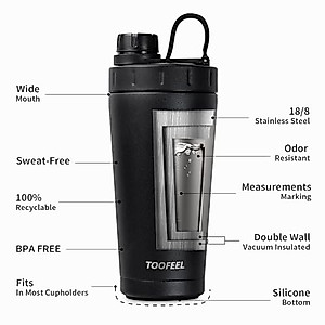 TOOFEEL Shaker Bottle Stainless Steel - 20 oz Double Walled Insulated Shaker Cups for Protein Shakes, Keeps Cold/Hot, Shaker Bottle for Protein Mixes, Gym Workout Protein Shaker Bottle