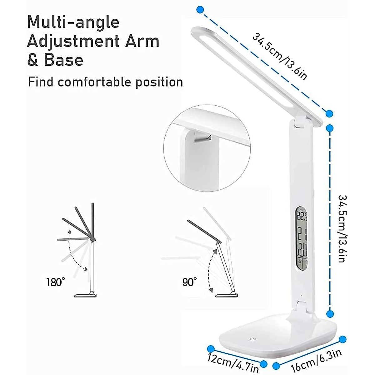 LED Desk Lamp with Time, Date, Temperature Display, 3 Modes Lighting/Brightness Adjustable Bedside Table Lamp, Touch Control Eye-Caring Night Light for Home Office (White)