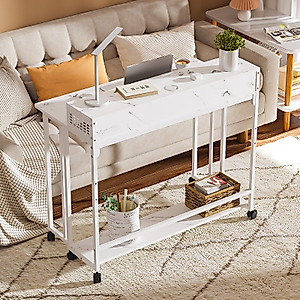 Gezen Folding Desk with Double Storage Shelves, Small Rolling Desk with Wheels for Living Room Bedroom, Mobile Computer Desk Portable Laptop PC Desk Writing Table for Small Space, 31.5", White Marble