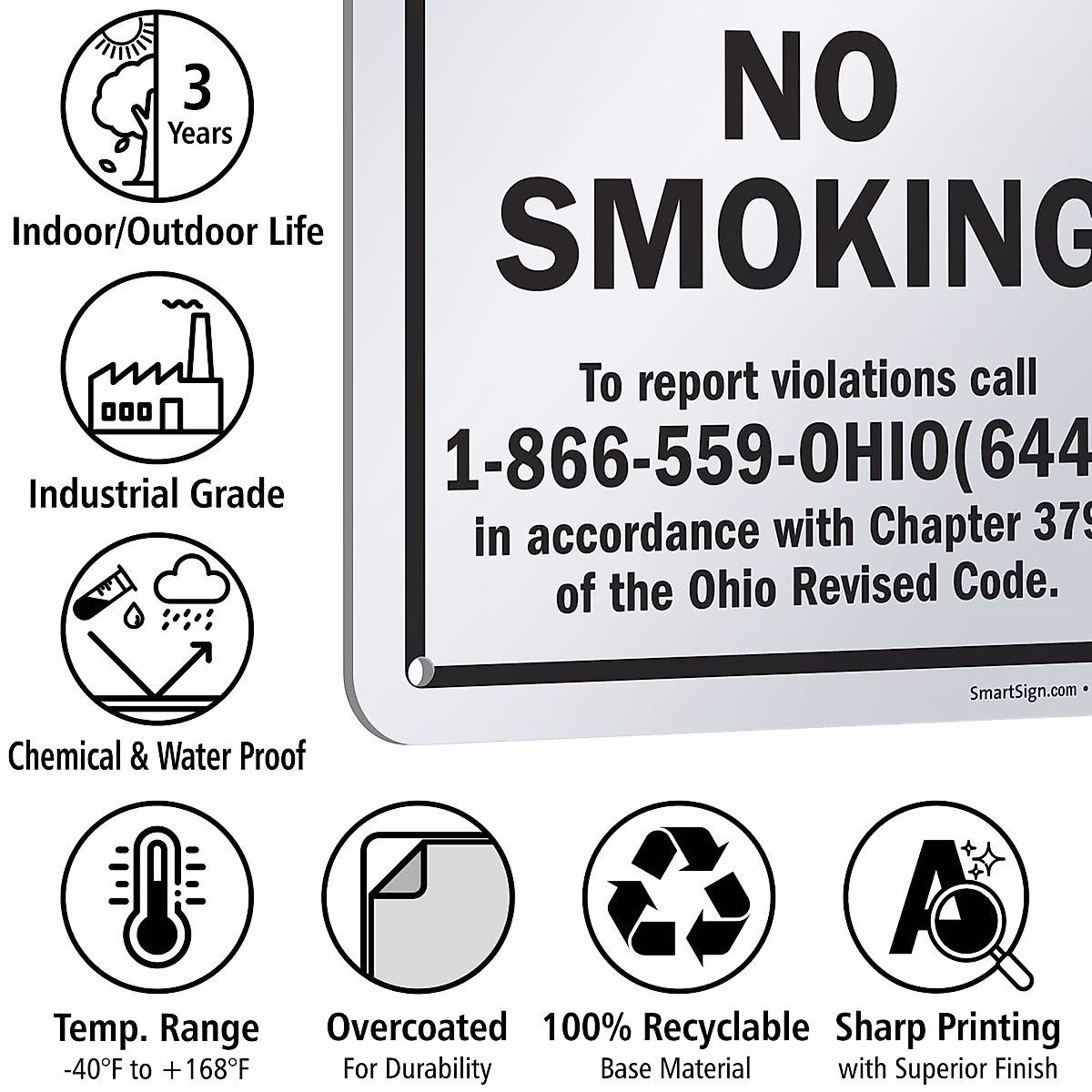 SmartSign 10 x 7 inch “No Smoking - to Report Violations Call 1-866-559-Ohio(6446) in Accordance with Chapter 3794” Ohio State Sign, Digital Printing, 55 mil HDPE Plastic, Red, Black and White