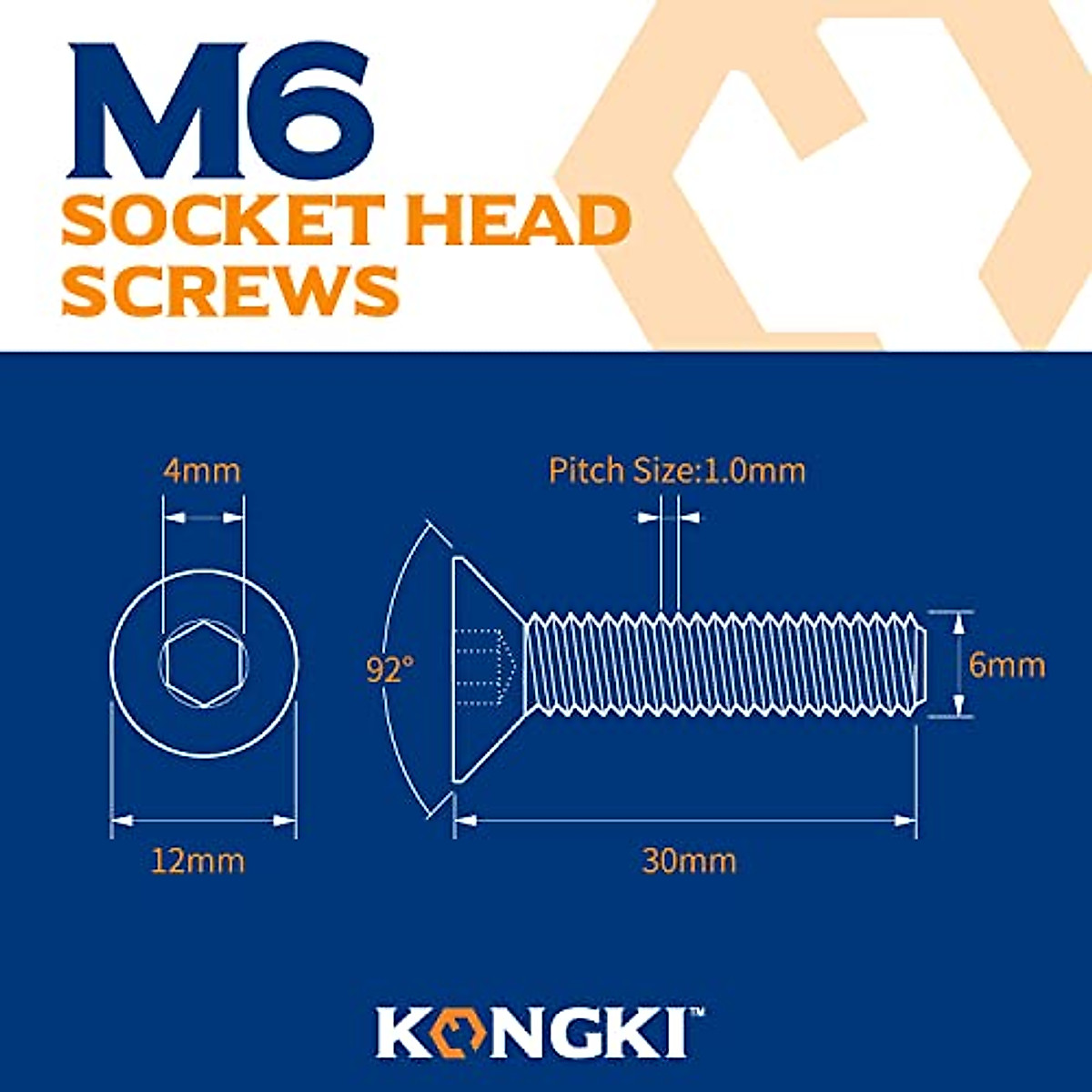 M6-1.0 x 30mm Flat Head Socket Cap Screws, 10.9 Grade Alloy Steel, Allen Socket Drive, Black Oxide Finish, Machine Thread, 50 PCS