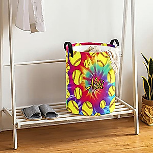 Tie Dye Softball Laundry Basket Personalized with Name Laundry Hamper with Handle Organizer Storage Bin Bedroom Decor for Boys Girls Adults