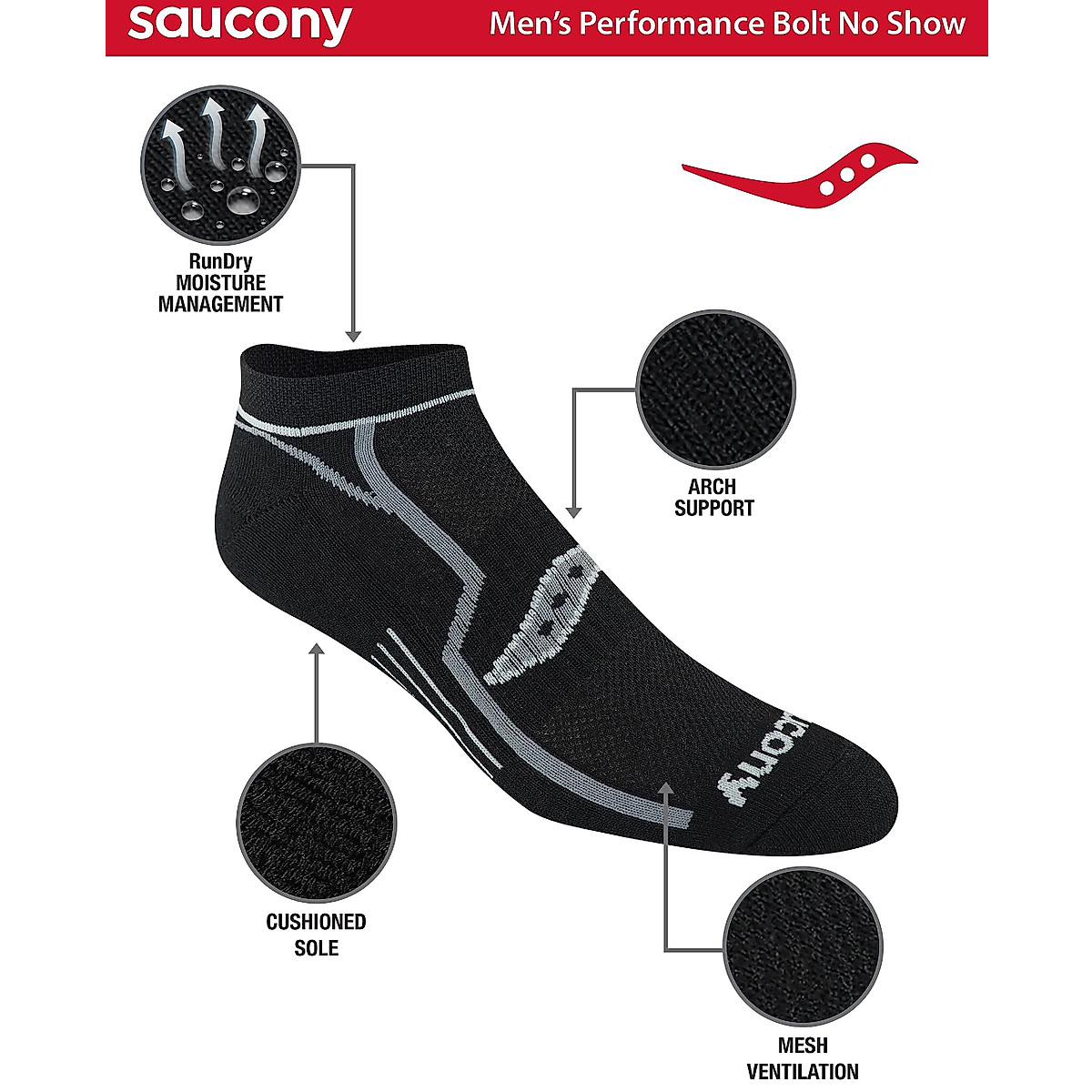 Saucony Men's Rundry Bolt Performance No-Show Socks, Available in M-XXL (6, 12, 18, Black Assorted (6 Pairs), XX-Large