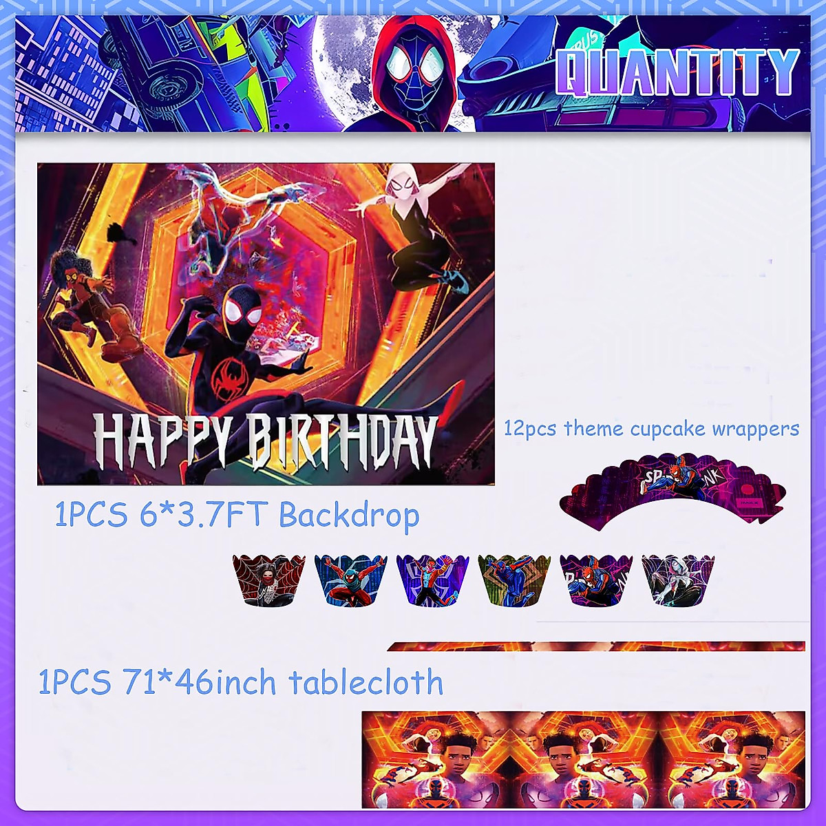 Spider Miles Party Supplies,Sparkling Cake Topper Birthday Cupcake Decoration Banner Backdrop Tablecloth Balloons Wrappers