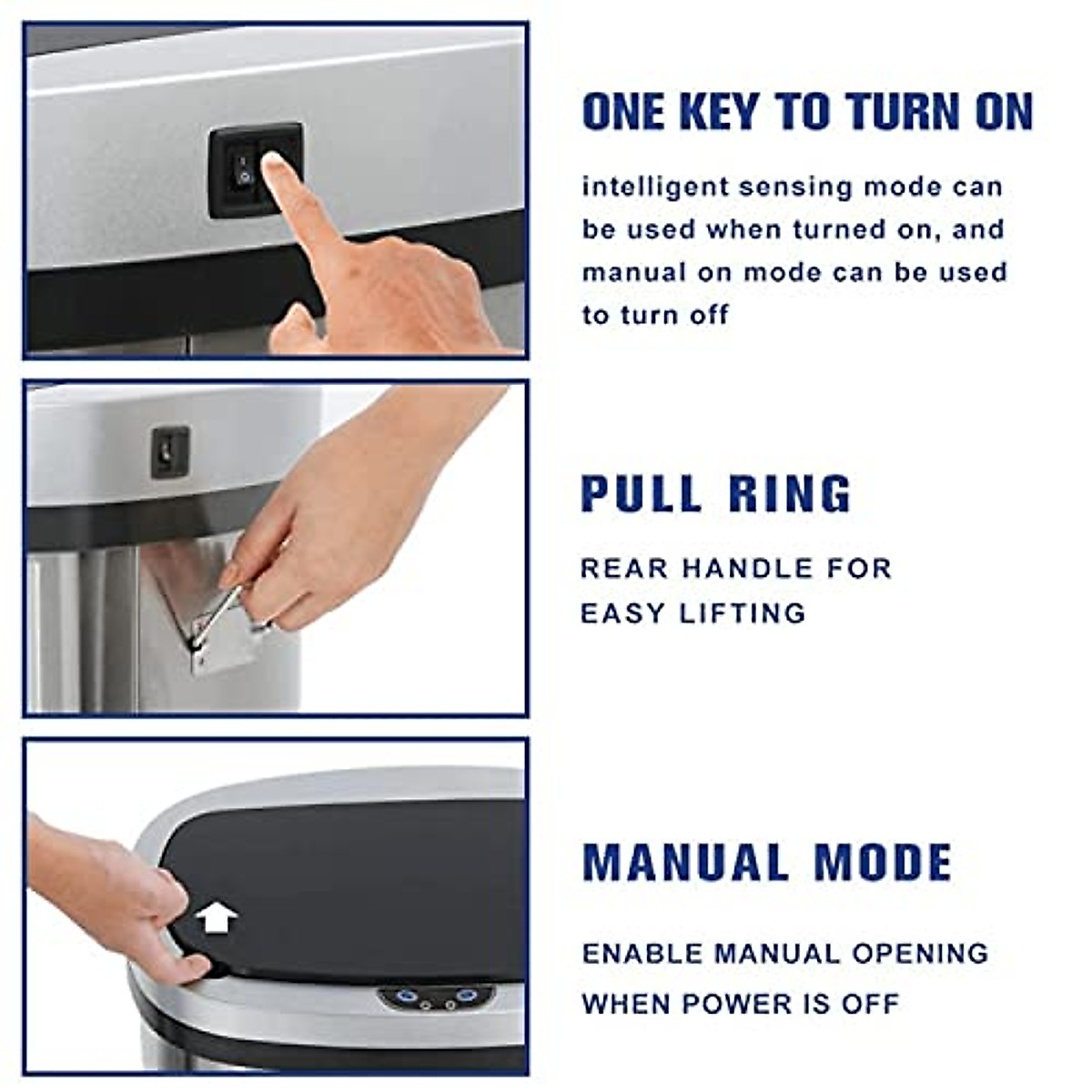 13 Gallon Stainless Steel Kitchen Trash Can with lid, Automatic Motion Sensor Garbage Trash Bin w/Toch-Free & Anti-Fingerprint Mute, for Home Office Bedroom, Powered by 4C Batteries (not Included)