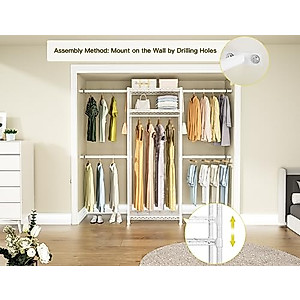 Ulif M3 Clothes Rack Closet Organizer and Storage System 3 Tiers Built-in Wall Mounted Heavy Duty Garment Rack with 4 Expandable Hanger Rods, Fits Space 4.3-9.3 ft, 72.2"H, Load Capacity 710LBS, White