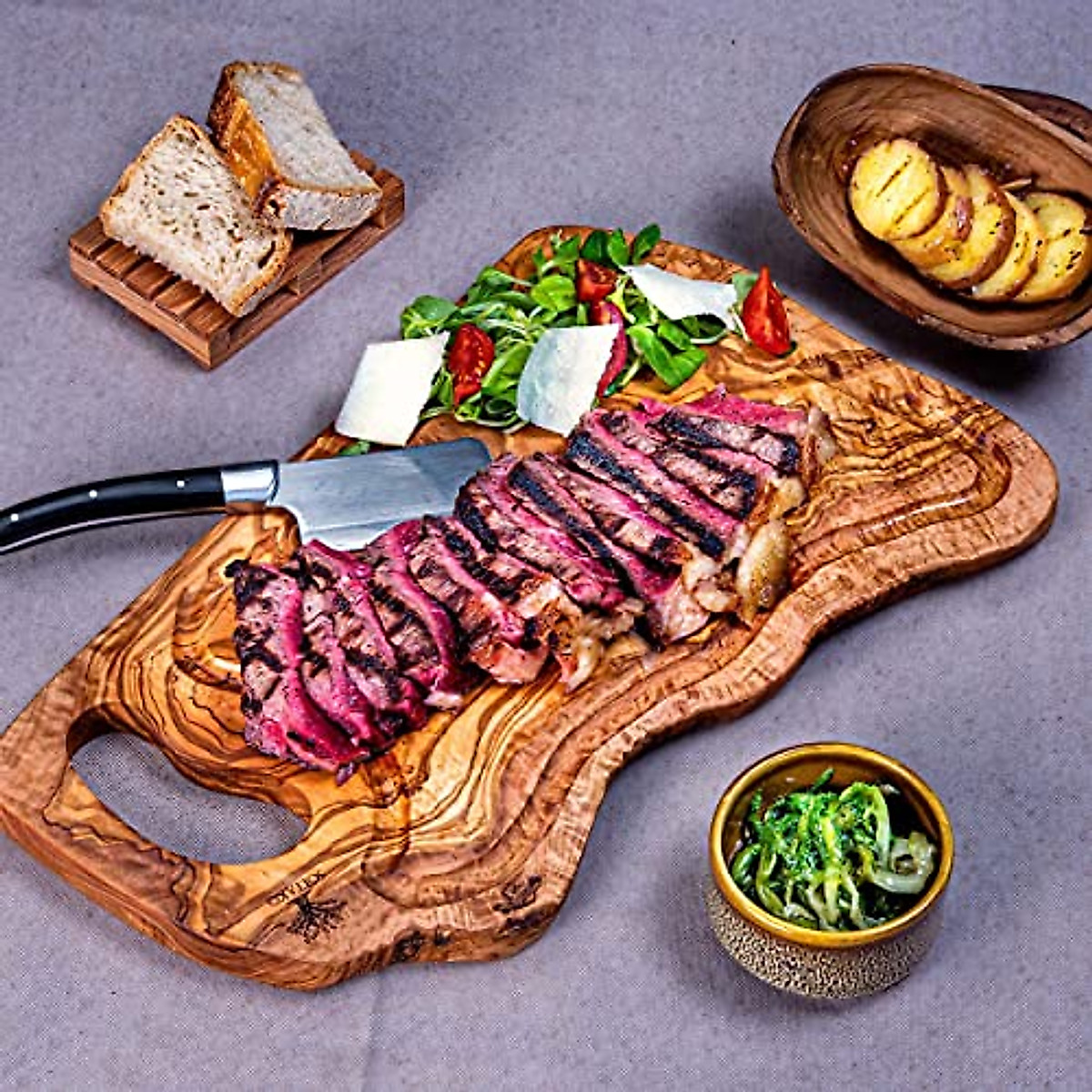 SOLTAKO Olive Wood Cutting Steak Board, Wooden Charcuterie Board, Large Cheese Board, Hand Made Serving Platter, Rustic Chopping Board with Juice Groove, Chopping Board with Handle (17,7")