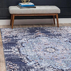 CAMILSON Machine Washable Area Rugs with Non Slip (Anti-Slip) Backing for Living Room Bedroom, Distressed Vintage Washable Rug 5x7, Stain and Water Resistant, Bohemian Indoor Carpet (5 x 7, Blue)