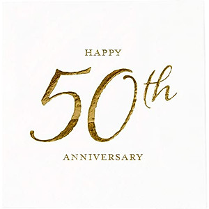 X&O Paper Goods TW4-19878 Happy 50th Anniversary Disposable Paper Cocktail Napkins, 5'' x 5'', Gold Foil, 20pcs