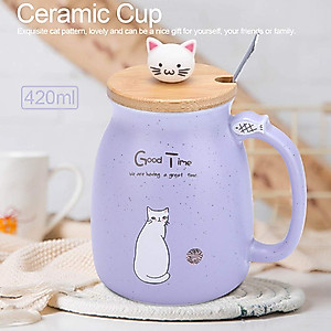 Fdit Lovely Cat Ceramic Cup with Spoon and Lid Coffee Water Milk Mug for Drinkware (Purple)