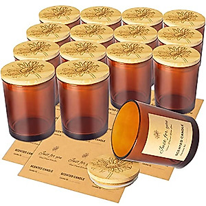 CONNOO 15 Pack 7 oz Amber Glass Candle Jars with Bamboo Lids for Making Candles, Empty Candle Container Tins with Carving Lids and Labels, Bulk Candle Tins