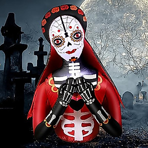 5FT Halloween Inflatables Day of The Dead Sugar Skull Blow Up Decorations with LED Lights and Built-in Sandbags, IDia De Los Muertos Decoration for Holiday Party Indoor Outdoor Garden Lawn Decor