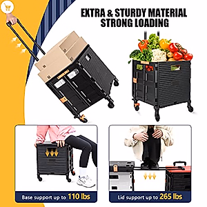 SELORSS Foldable Utility Cart Rolling Crate Handcart 110lbs Large Capacity Shopping Cart with 360°Rotate Noiseless Wheels & Telescoping Handle for Transports Groceries Office School Use(Black