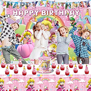 Princess Peach Birthday Party Supplies, Princess Peach Party Favors, Princess Peach Party Decorations Include Banners, Backdrop, Hanging Swirls, Balloons, Cake Decoration, Cupcake Toppers, Tablecloth