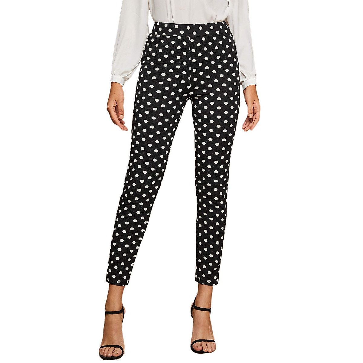 SweatyRocks Women's Casual Skinny Leggings Stretchy High Waisted Work Pants Black White Polka Dot XX-Large