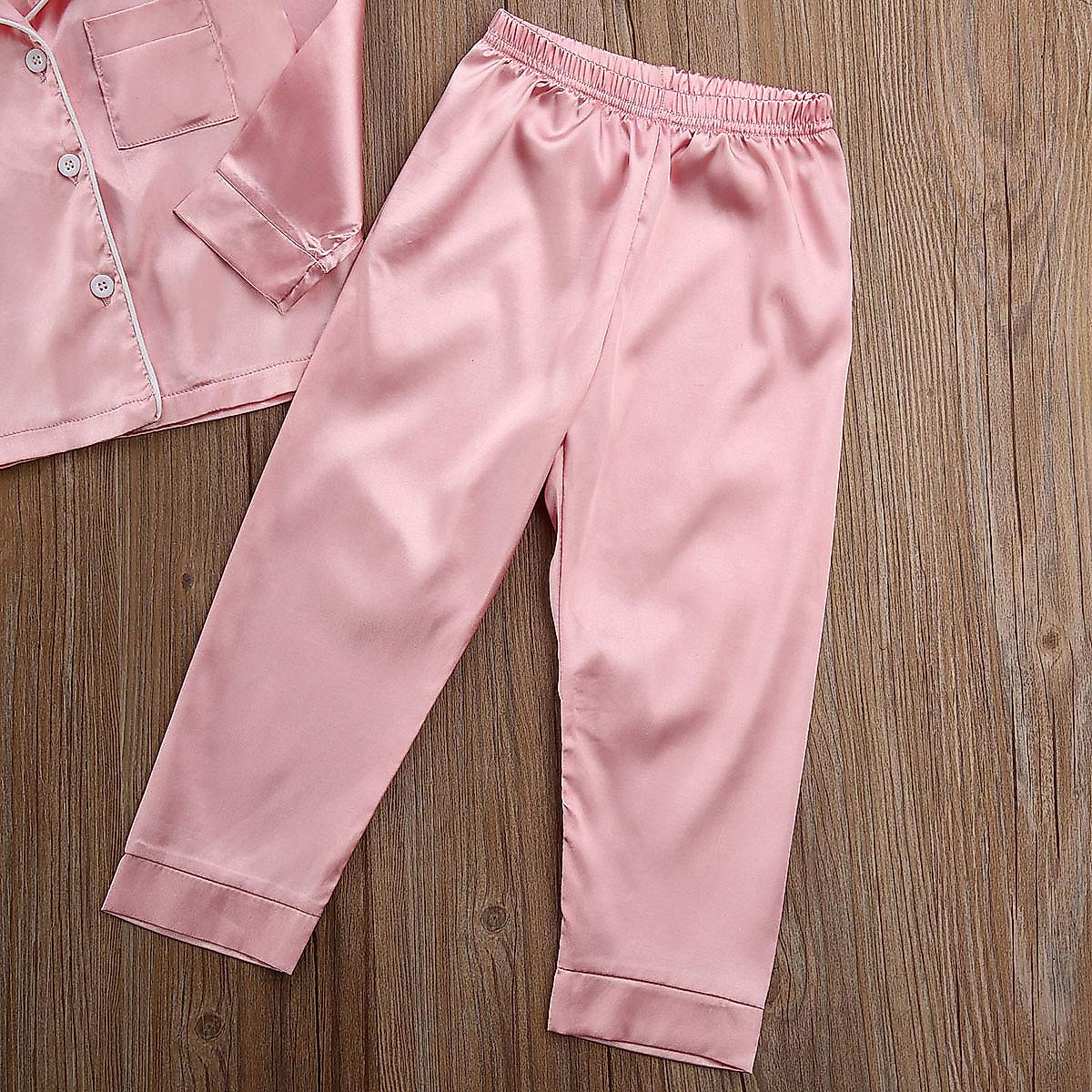 TiendaDeLage Toddler Baby Girl Satin Silk 3 Piece Long Sleve Collared Button Down Shirts and Pants Casual Cute Clothes Pink 4-5T