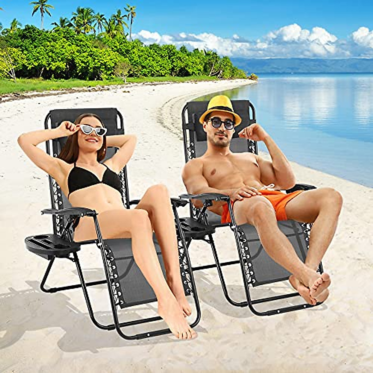 Dkeli Zero Gravity Chair, Adjustable Reclining Patio Chair with Cup Holder & Pillows Folding Lawn Chaise Outdoor Lounge Chair for Pool, Beach, Deck, Yard - Black Zero Gravity Lounge Chair