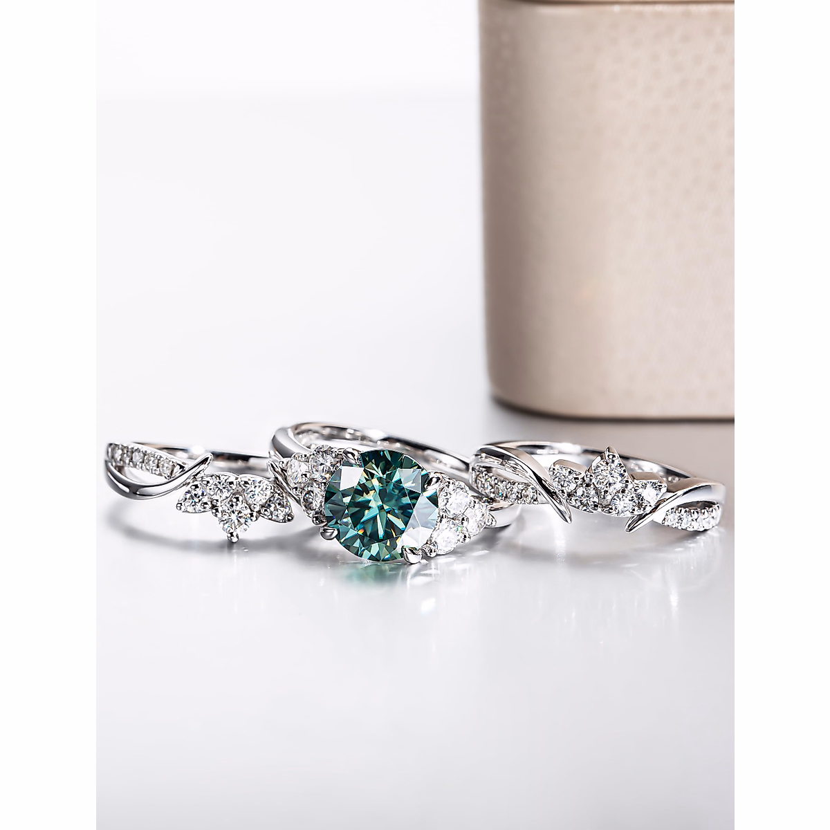 CannyCat Fancy Vivid Blue Green Moissanite Wedding Band Ring Set for Women 4.2 cttw Moissanite Engagement Rings Platinum-Plated Sterling Silver Wrap Guard Enhancers Anniversary Bridal Sets (size-8.5)