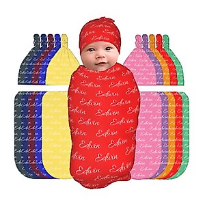 WAYABO Custom Baby Swaddle Blankets and Hat with Name Personalized Newborn Swaddle Blanket for Boys Girls Gifts