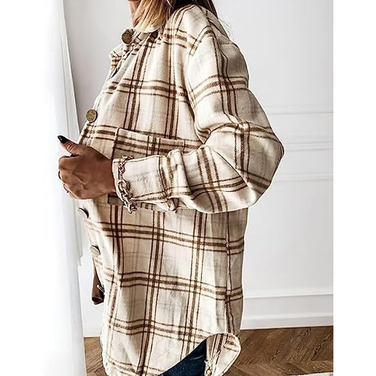 Blansdi Women’s Casual Plaid Flannel Shacket Jacket Oversized Button Down Long Sleeve Fall Shirt Jacket Coat Tops