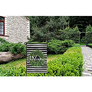 HOSNYE Boxwood Wreath Welcome Garden Flag 12x18 Inch Vertical Double Sided Black and White Stripes Background Garden Flags Rustic Farmhouse Yard Outdoor Decoration
