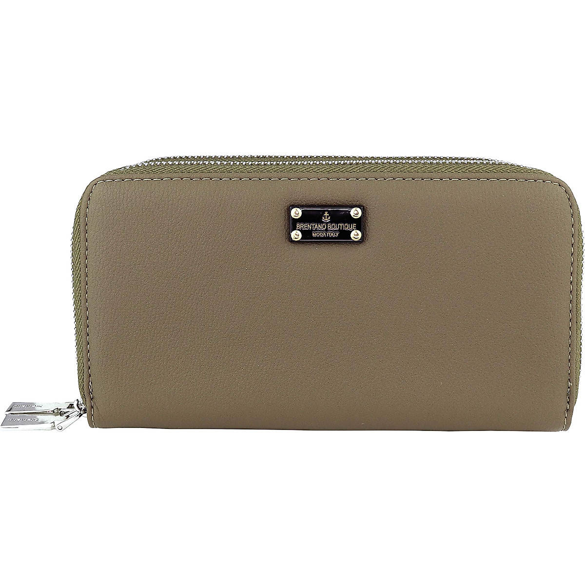 B BRENTANO Vegan Double-Zipper Wallet Clutch with Removable Wrist Strap (Olive PL)