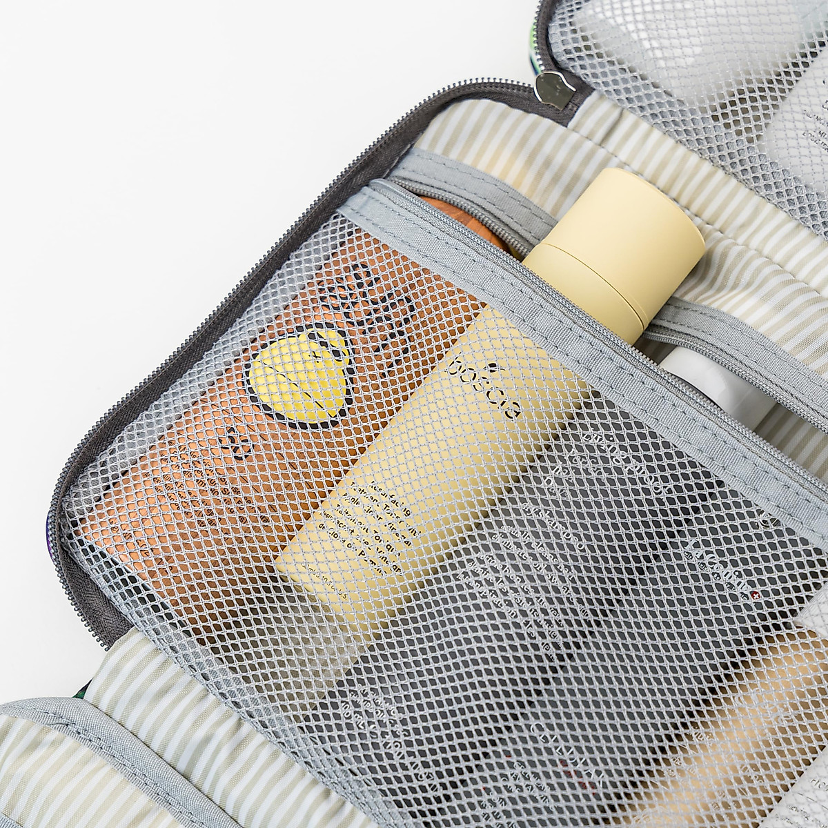 PAVILIA Hanging Toiletry Bag Travel Bag Women Men, Foldable Cosmetic Organizer, Roll up Makeup Bag, Water Resistant Accessories Toiletries, Large Travel Essentials Kit (Grey Floral)