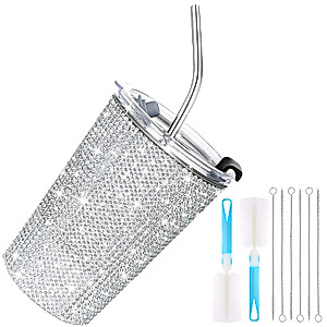 16 oz Bling Diamond Straw Cup Bling Rhinestone Stainless Steel Thermal Bottle Refillable Insulated Glitter Water Bottle 2 Pcs Blue Cup Brushes 6 Pcs Straw Brushes for Women Female Girls (Silver)