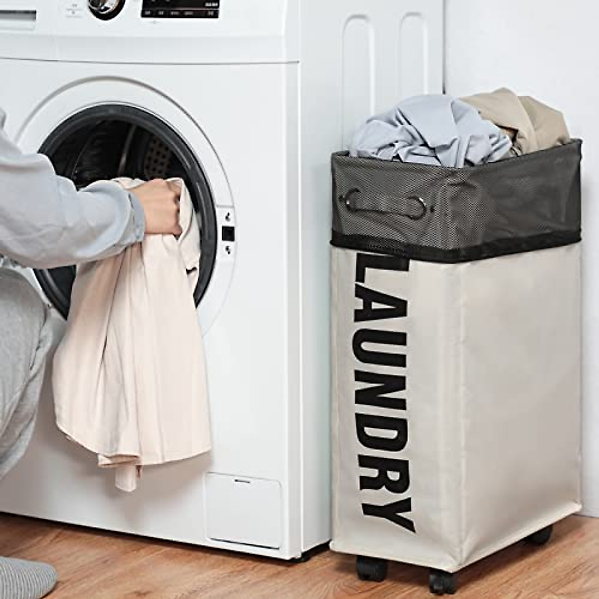 DOKEHOM 25-Inches Slim Laundry Basket on Wheels, Collapsible Rolling Laundry Hamper, Foldable Narrow Corner Clothes Storage Bins (Beige)