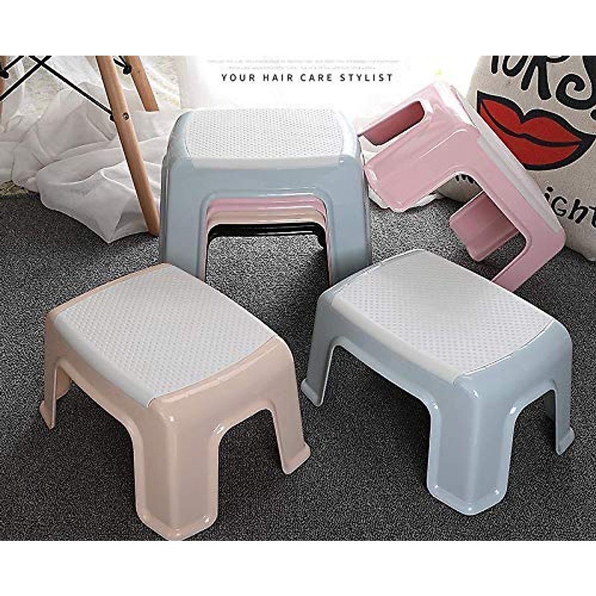Plastic Stools Step Stool PP Plastic Seat Stools for Home, Office, Living Room Multifunctional Step Stool with Anti-Slip Pad Strong Bearing for Adults, Light Blue