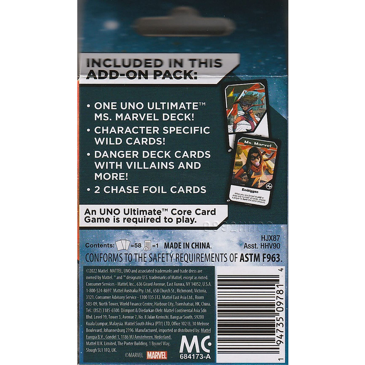 UNO Ultimate Marvel Card Game Add-On Pack with Ms. Marvel Character Deck & 2 Collectible Foil Cards